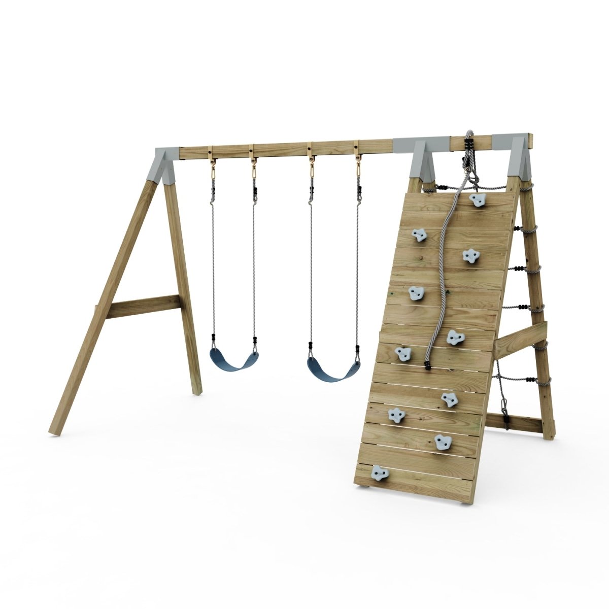 PolayPlay Premium Double Swing Set with Climbing Wall | OutdoorToys