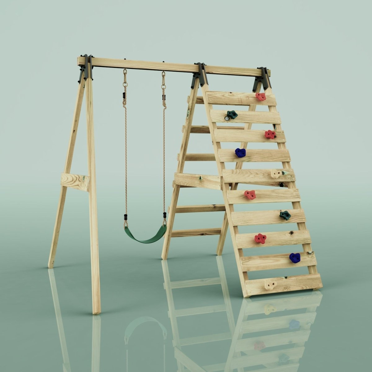 Rebo Glide Wooden Single Swing Sets with Climbing Wall and Swing Seat