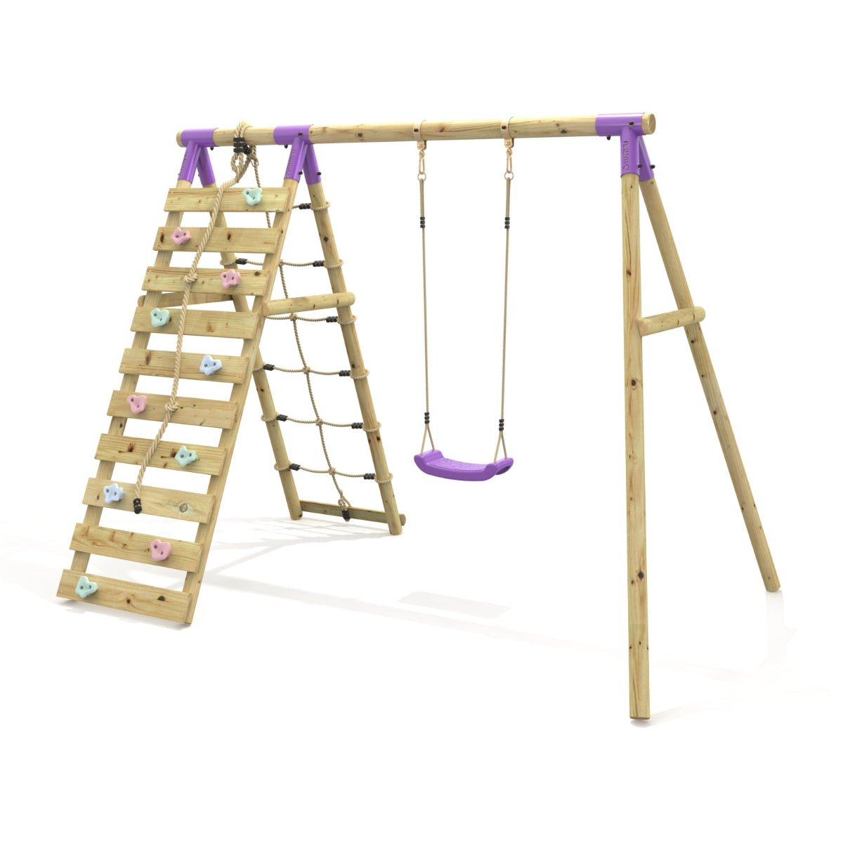 Rebo Single Swing Set with Climbing Wall - Aria Purple | OutdoorToys