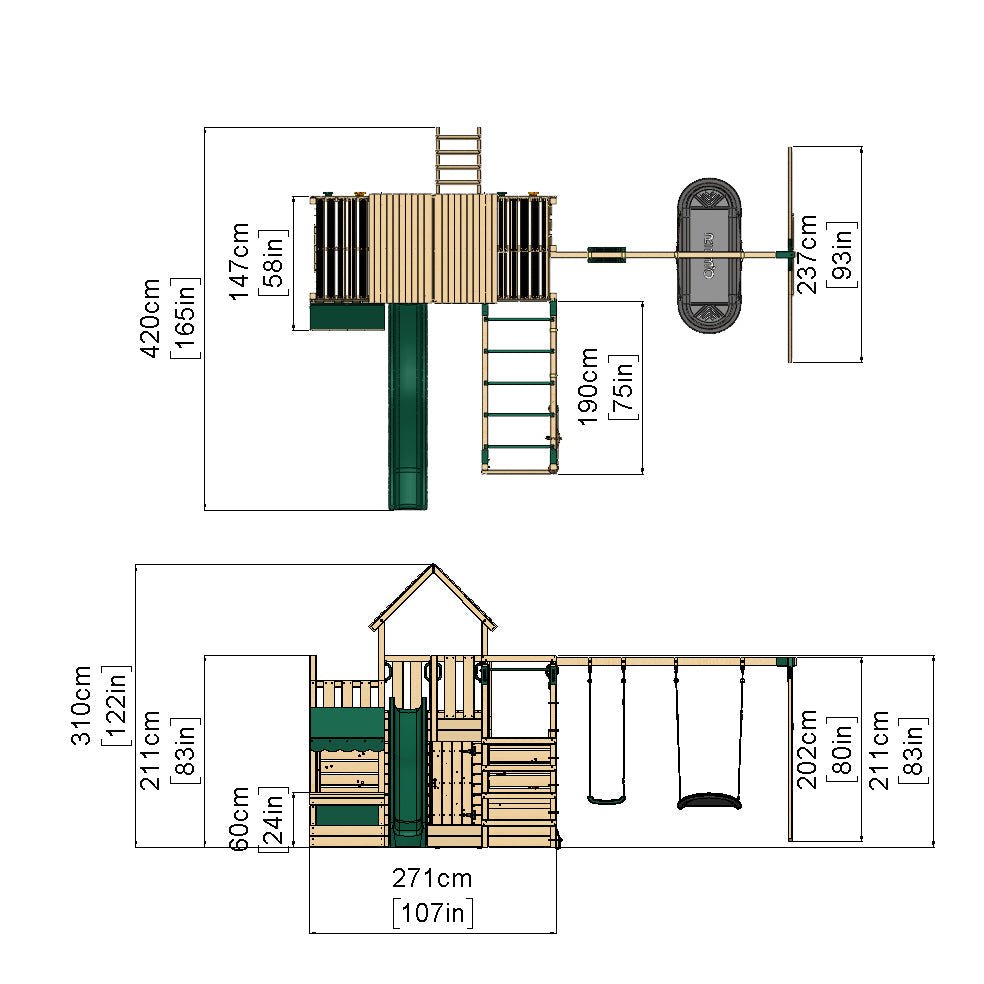 Rebo Modular Climbing Frame - M25 Swings, Monkey Bars & Den