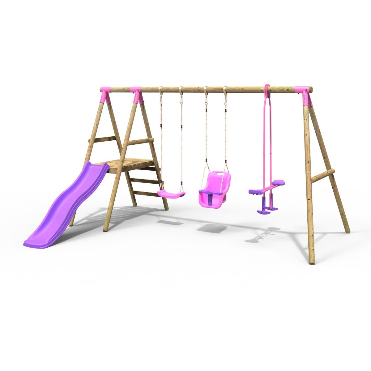 Rebo Voyager Wooden Swing Set with Platform and Slide - Pink