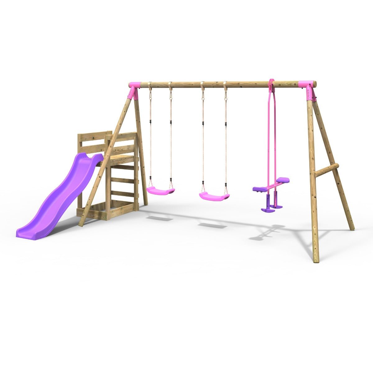 Rebo Neptune Pink Wooden Swing Set plus Deck & Slide