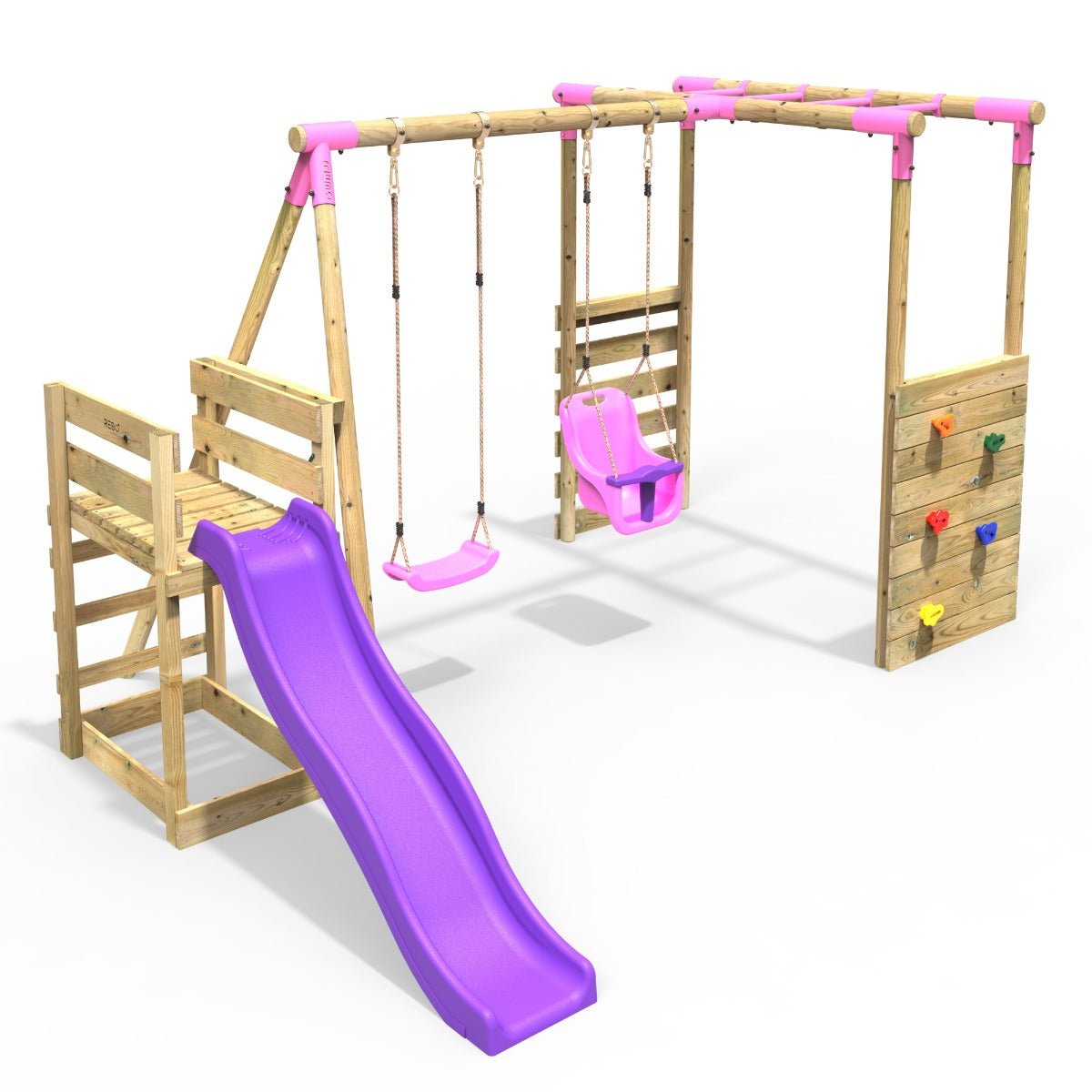 Rebo Luna Pink Wooden Swings w/ Monkey Bars & 6FT Slide